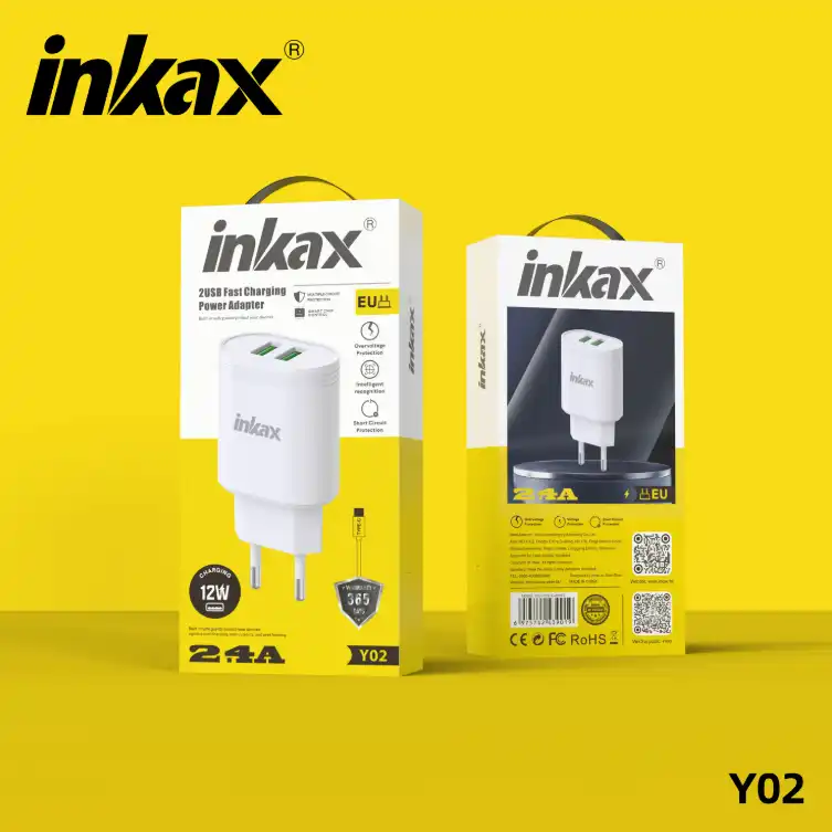 شاحن سريع Inkax Y02 للجوالات مع منفذين USB وسلك تايب سي